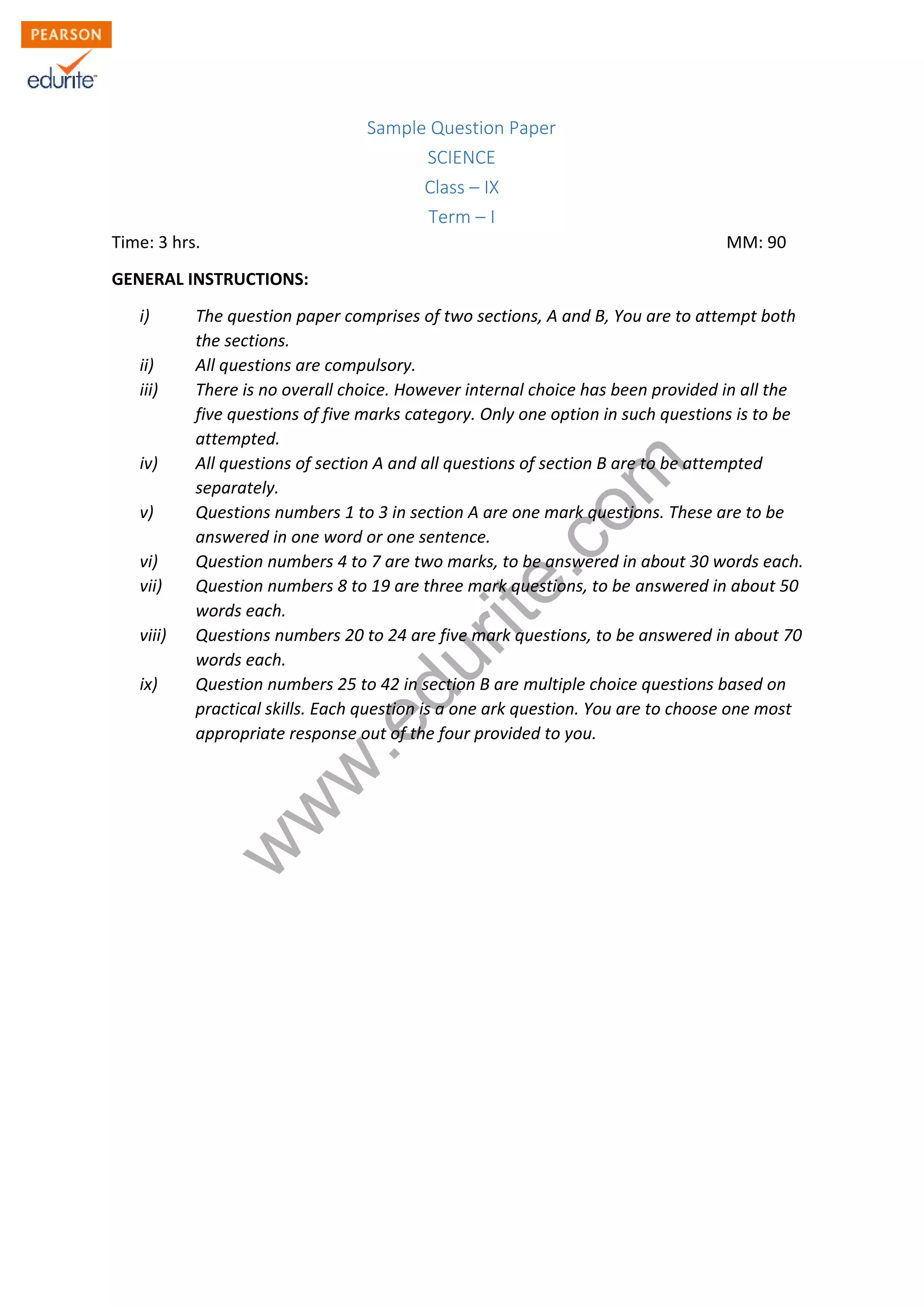 Class 9 Cbse Science Sample Paper Term 1 Model 2 | PDF