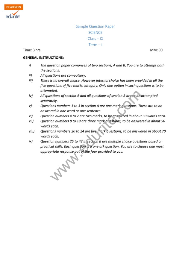 Class 9 Cbse Science Sample Paper Term 1 Model 2 | PDF