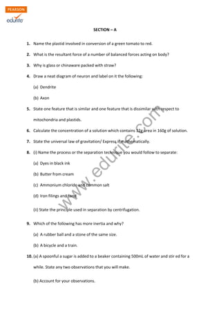 Class 9 Cbse Science Sample Paper Term 1 Model 2 | PDF