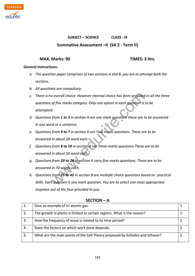 Class 9 Cbse Science Sample Paper Term 2 Model 1 | PDF