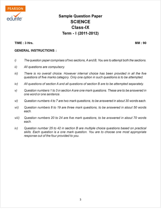 Class 9 Cbse Science Sample Paper Term 1 2012 Model 1 | PDF