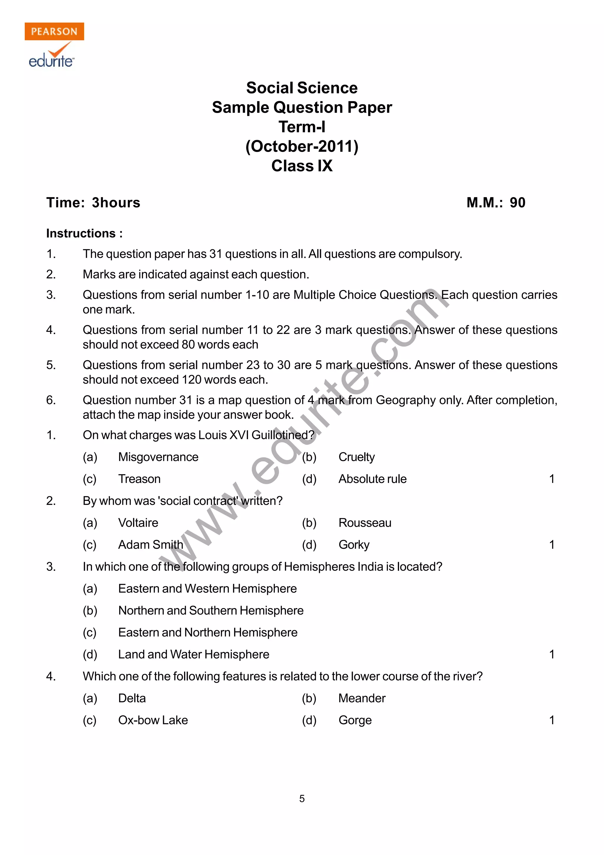 Class 9 Cbse Social Science Sample Paper Term 1 2011 | PDF