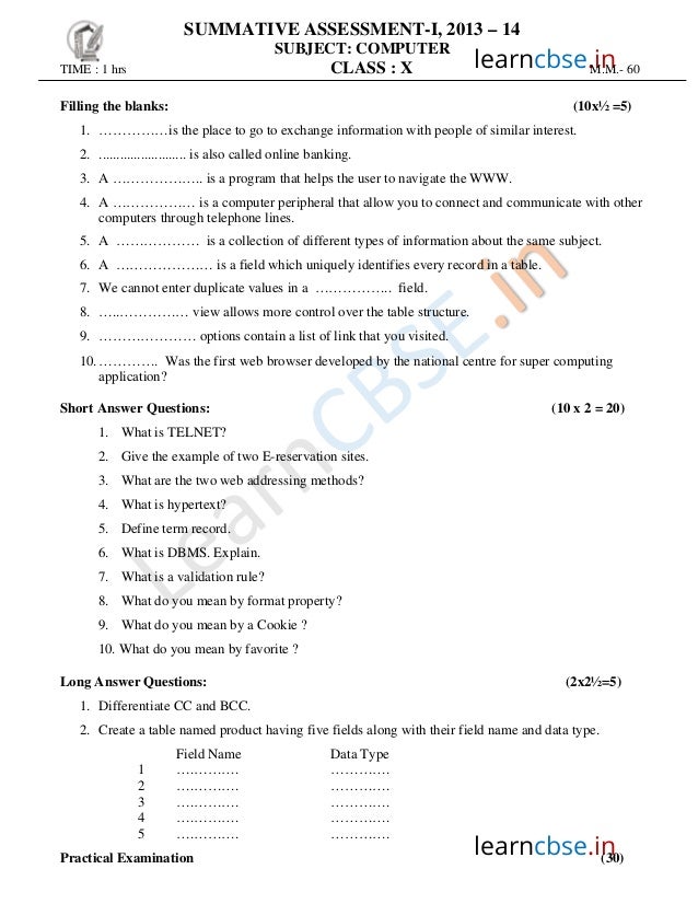 Cbse class 10 computer science sample paper sa1 2014 (2) Cbse class 10 computer science sample paper sa1 2014 (2)
