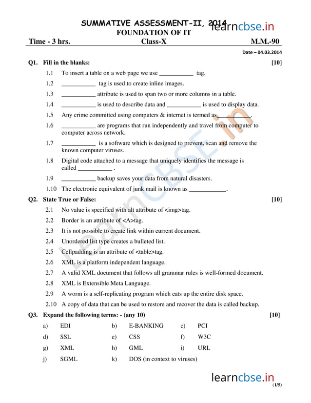 Cbse class 10 computer science sample paper sa2 2014 | PDF