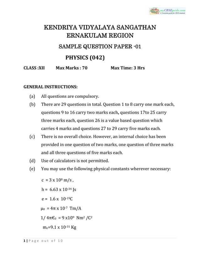 Cbse class 12 physics sample paper 02 (for 2014) | PDF