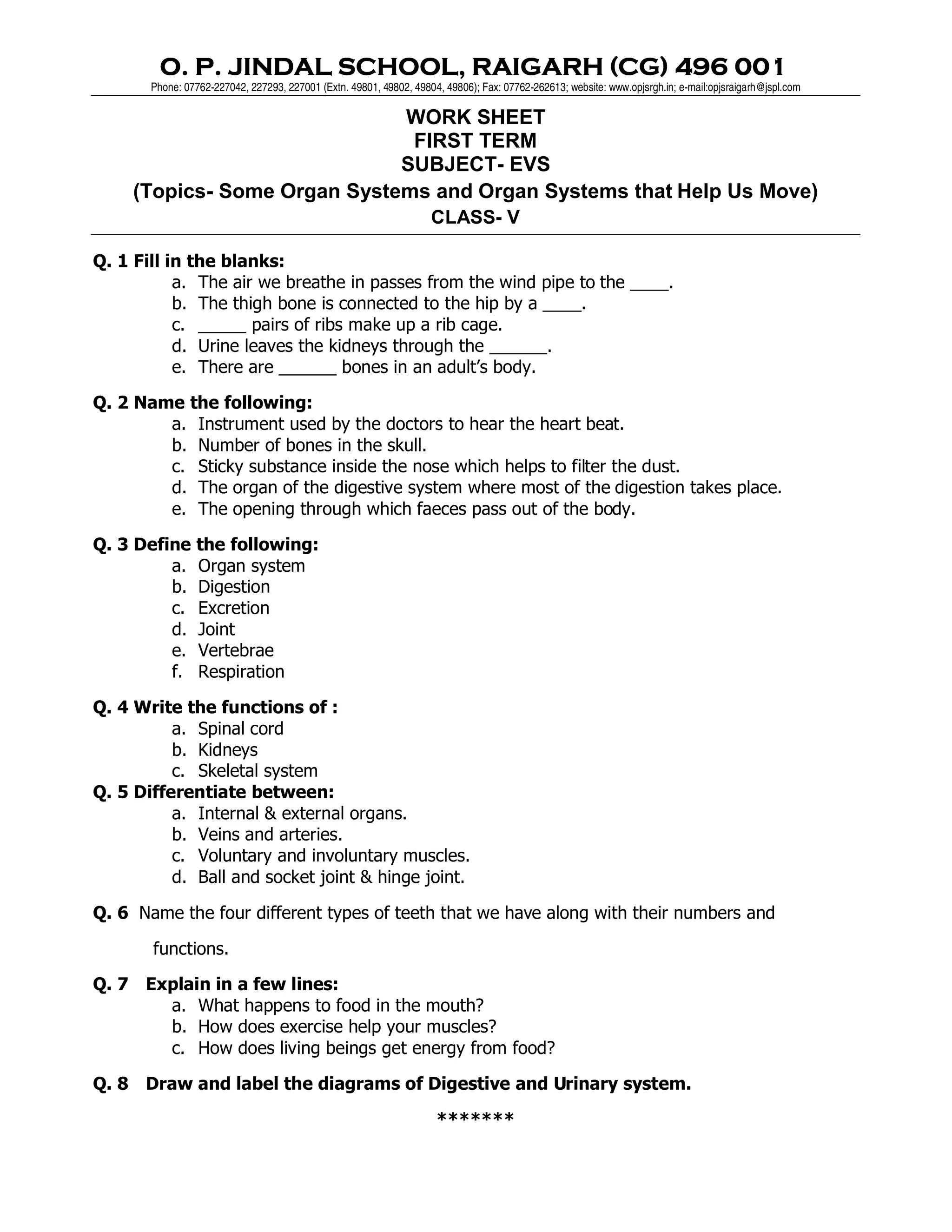 Cbse class 5 evs worksheet organ systems | PDF