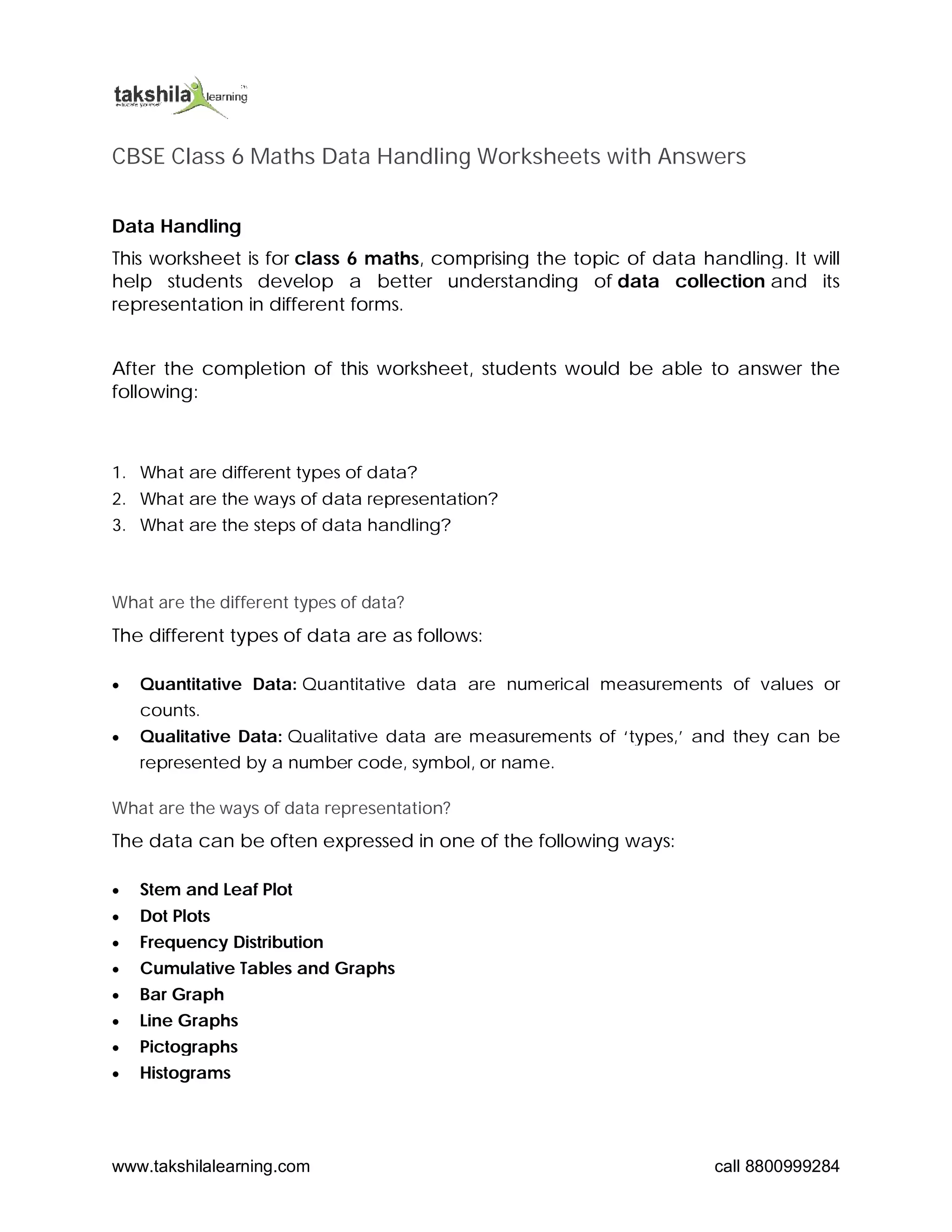 CBSE Class 6 Maths Data Handling Worksheets with Answers | PDF