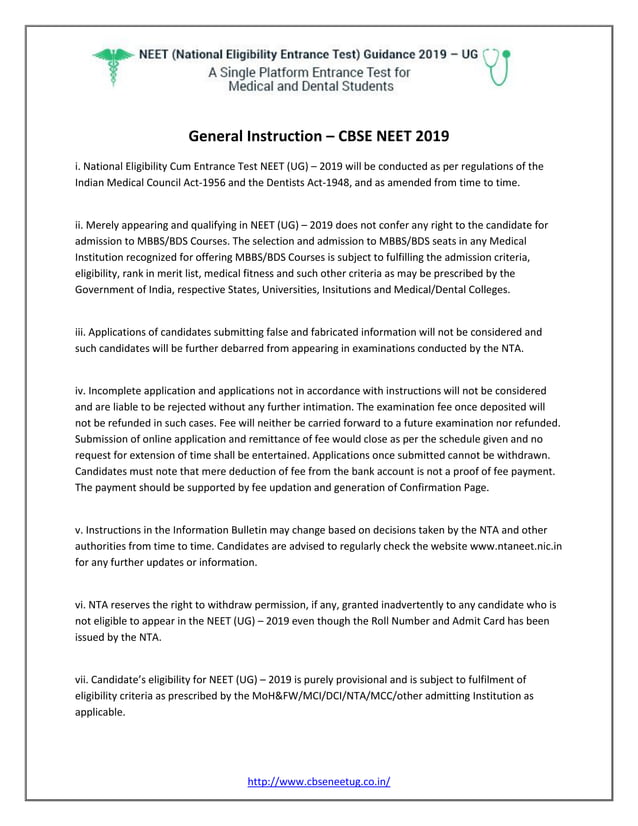 Cbse neet 2019 general instruction | PDF