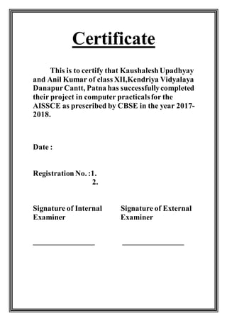 Cbse project computer science xii 2018 | PDF