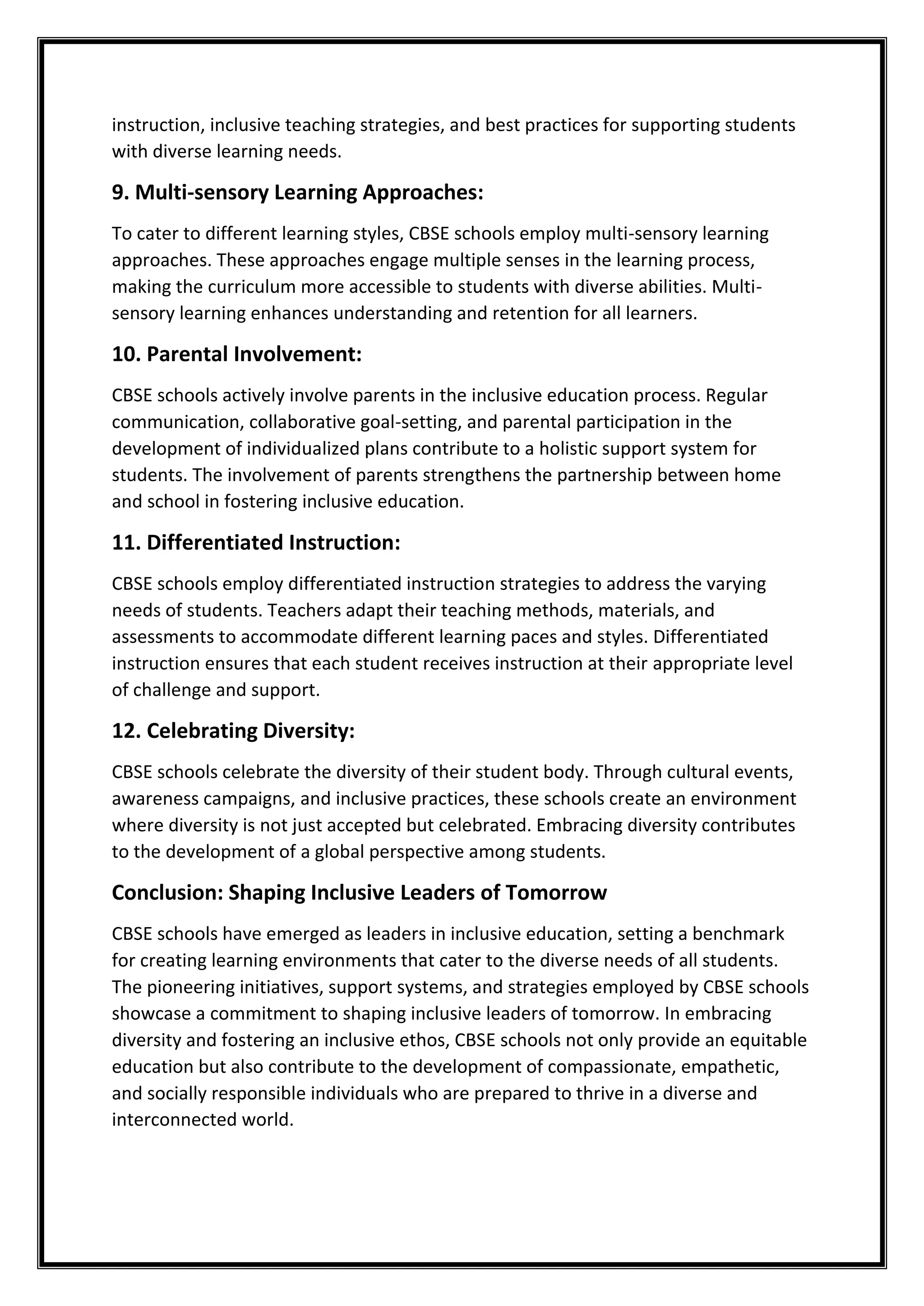CBSE Schools Pioneers of Inclusive Education for Diverse Learners | PDF
