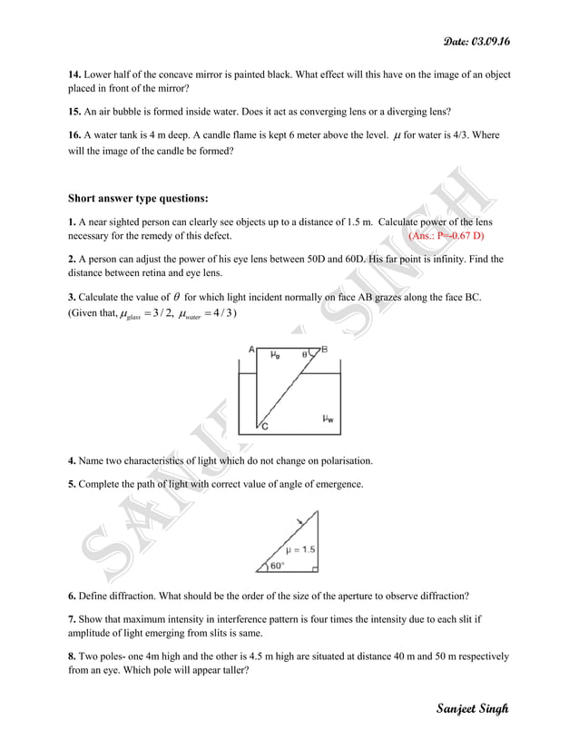 Questioons on Optics_ For CBSE Students | PDF