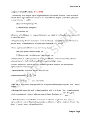 Questioons on Optics_ For CBSE Students | PDF