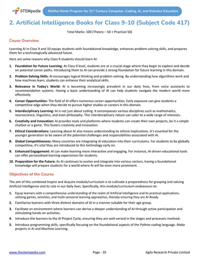 CBSE ICT, AI, Coding and Robotics Curriculum for Classes 1 to 10 As per NEP 2020 for Subject ...