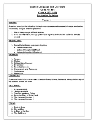 CBSE English - Term 1 - Syllabus for IX to XII | PDF