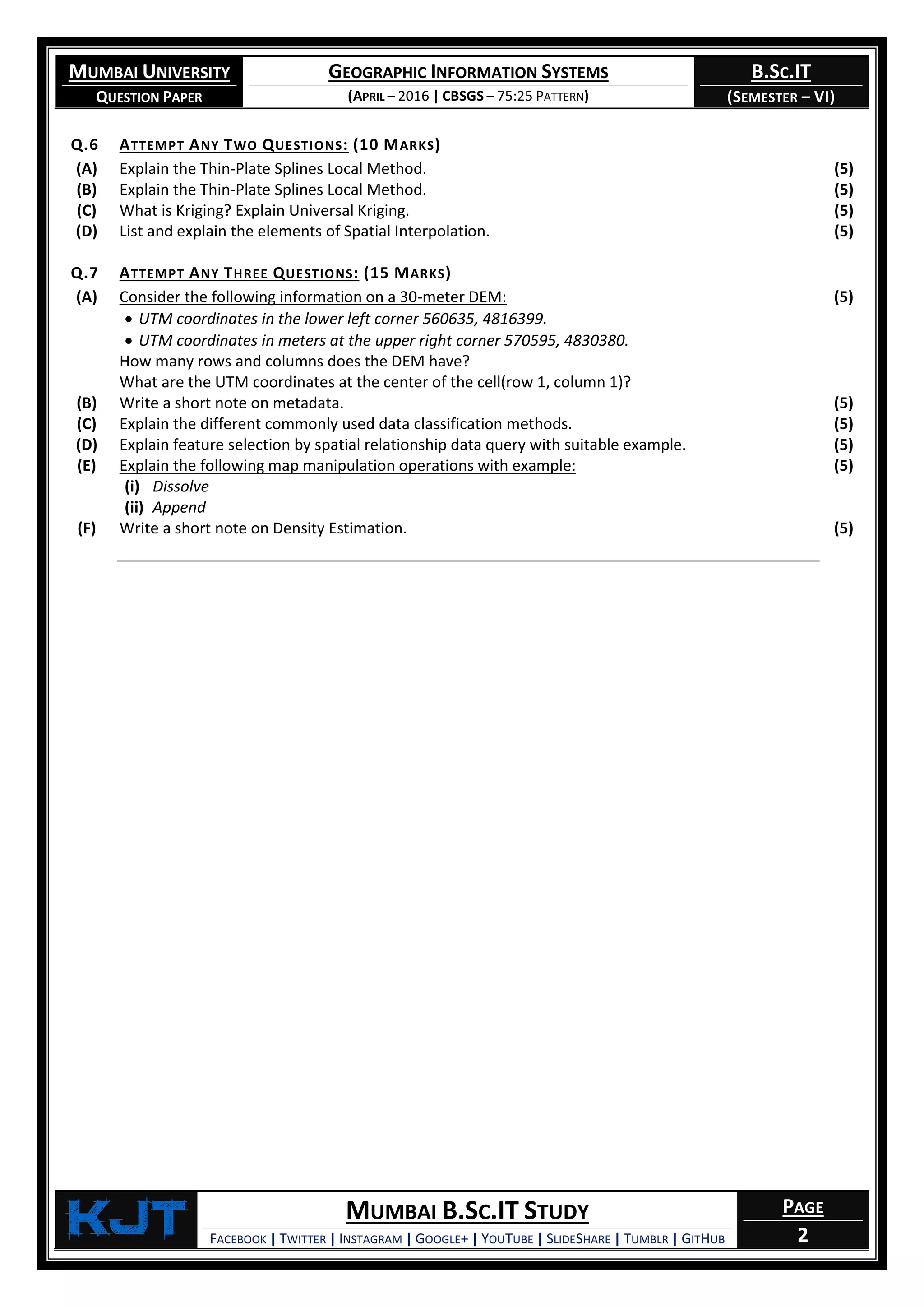 Geographic Information Systems (April – 2016) [Question Paper | CBSGS ...