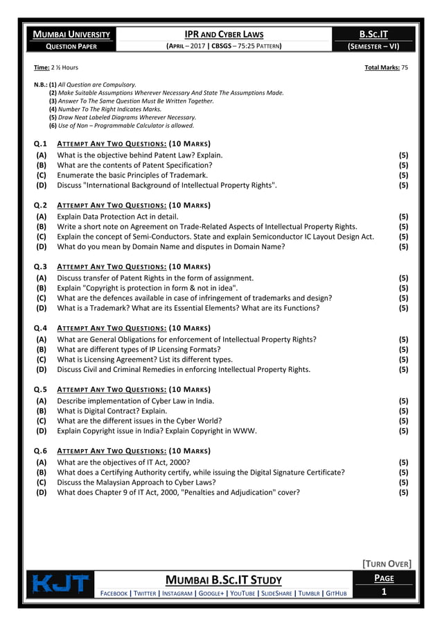 IPR and Cyber Laws (April – 2017) [Question Paper | CBSGS: 75:25 ...