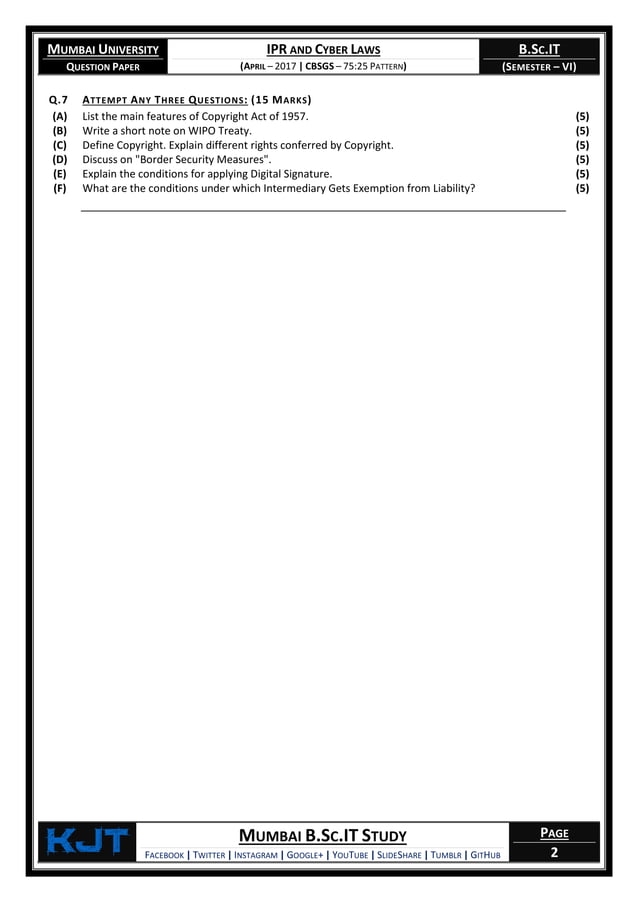 IPR and Cyber Laws (April – 2017) [Question Paper | CBSGS: 75:25 ...