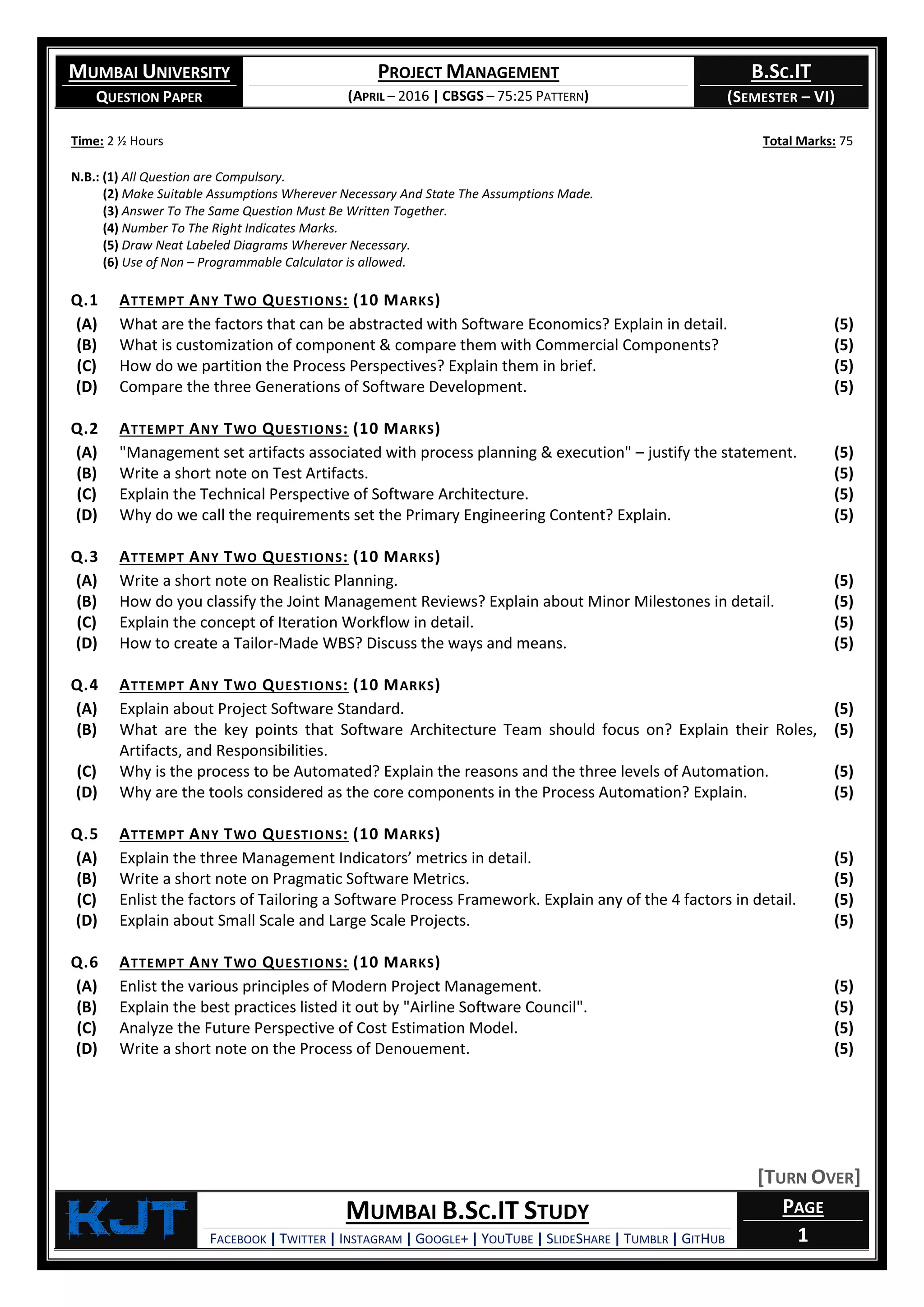 Project Management (April – 2016) [Question Paper | CBSGS: 75:25 ...