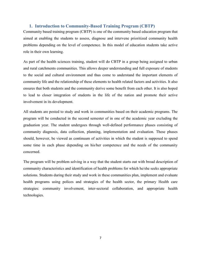 Community Based Training Program (CBTP) manual of College of Health Science Mekelle University ...