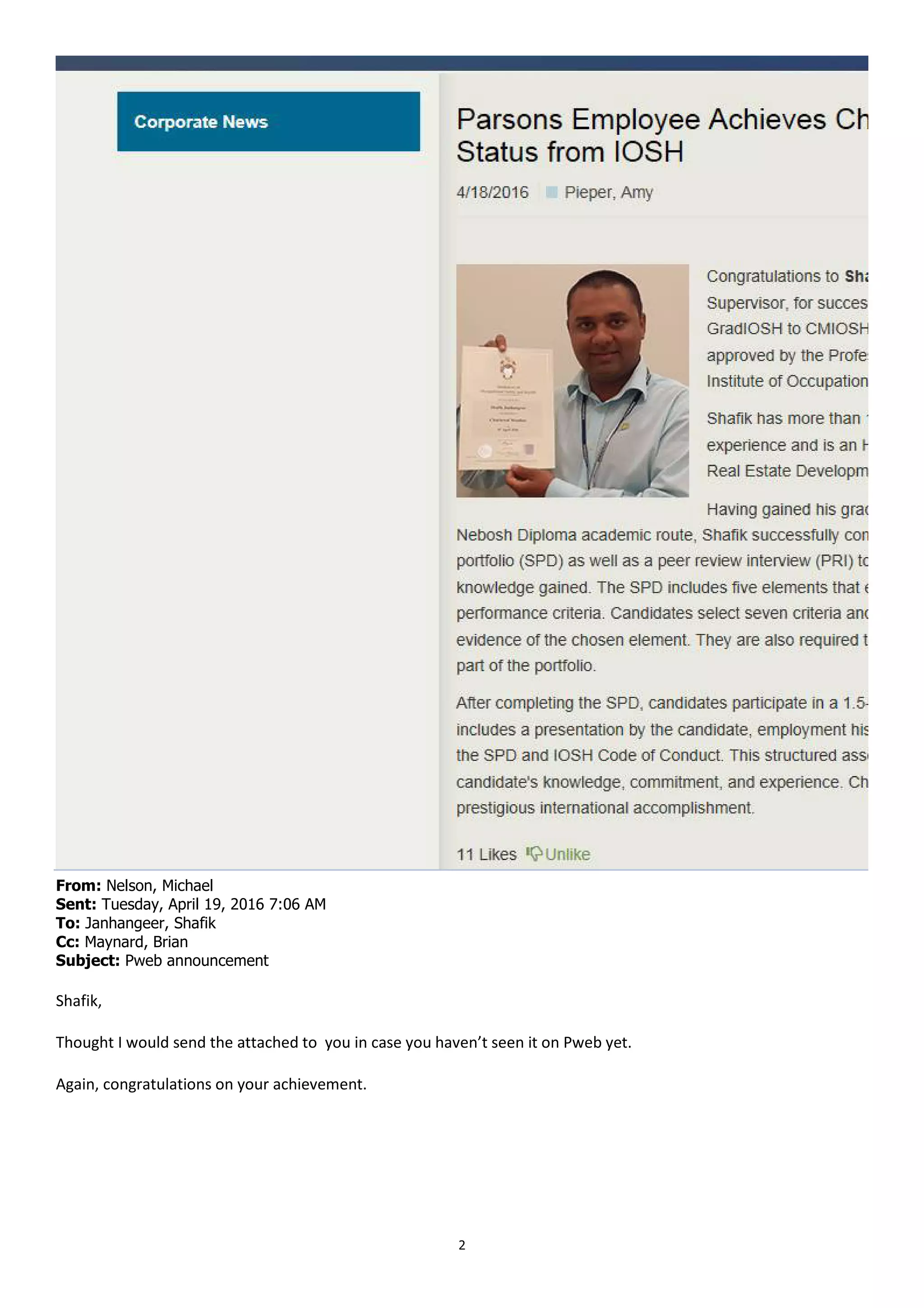 Shafik CMIOSH -Parsons acknowledgement | PDF