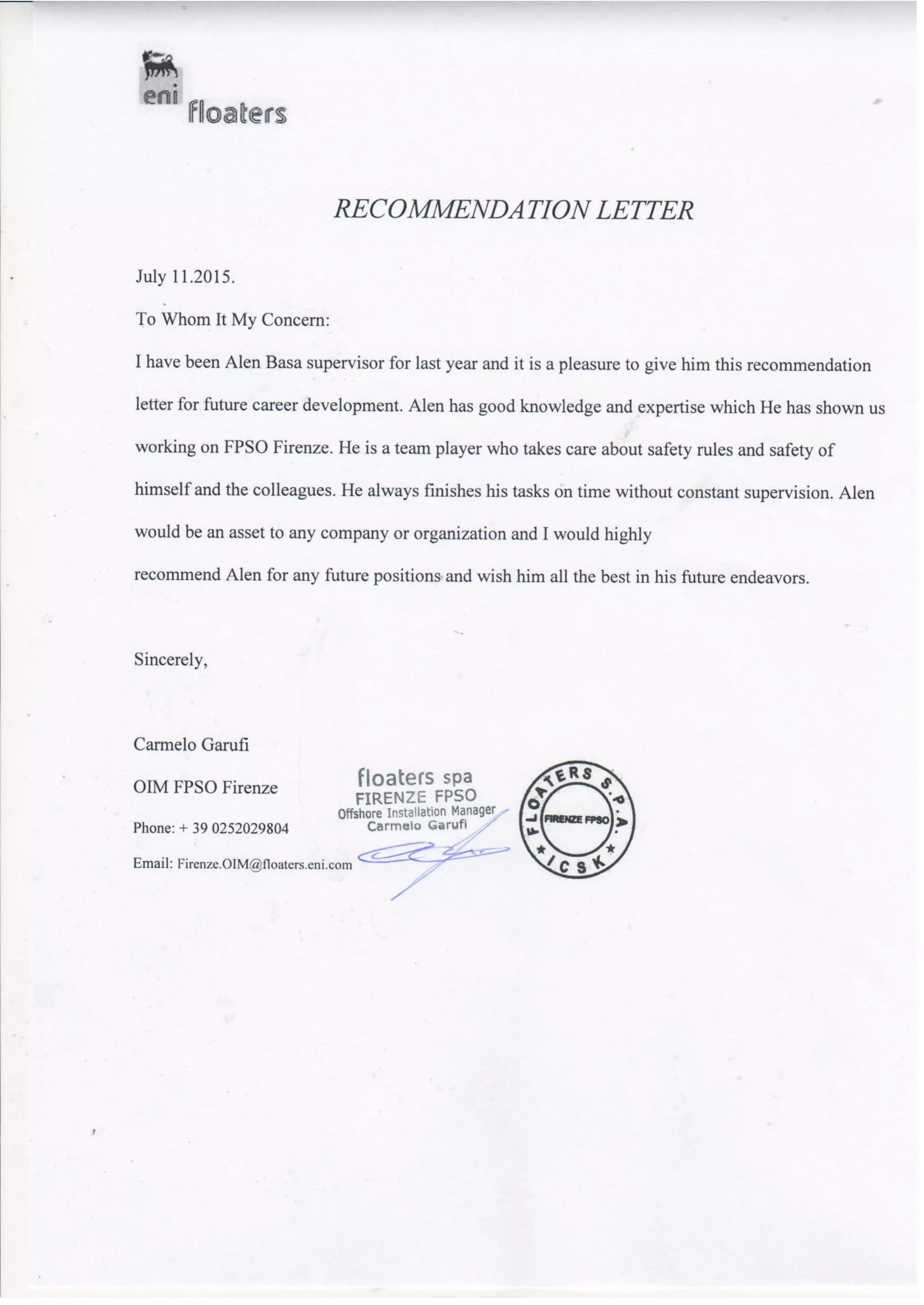 Alen Basa-Recommendation letter-OIM Firenze | PDF