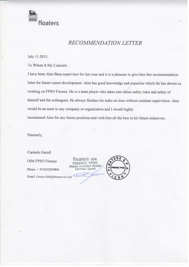 Alen Basa-Recommendation letter-OIM Firenze | PDF