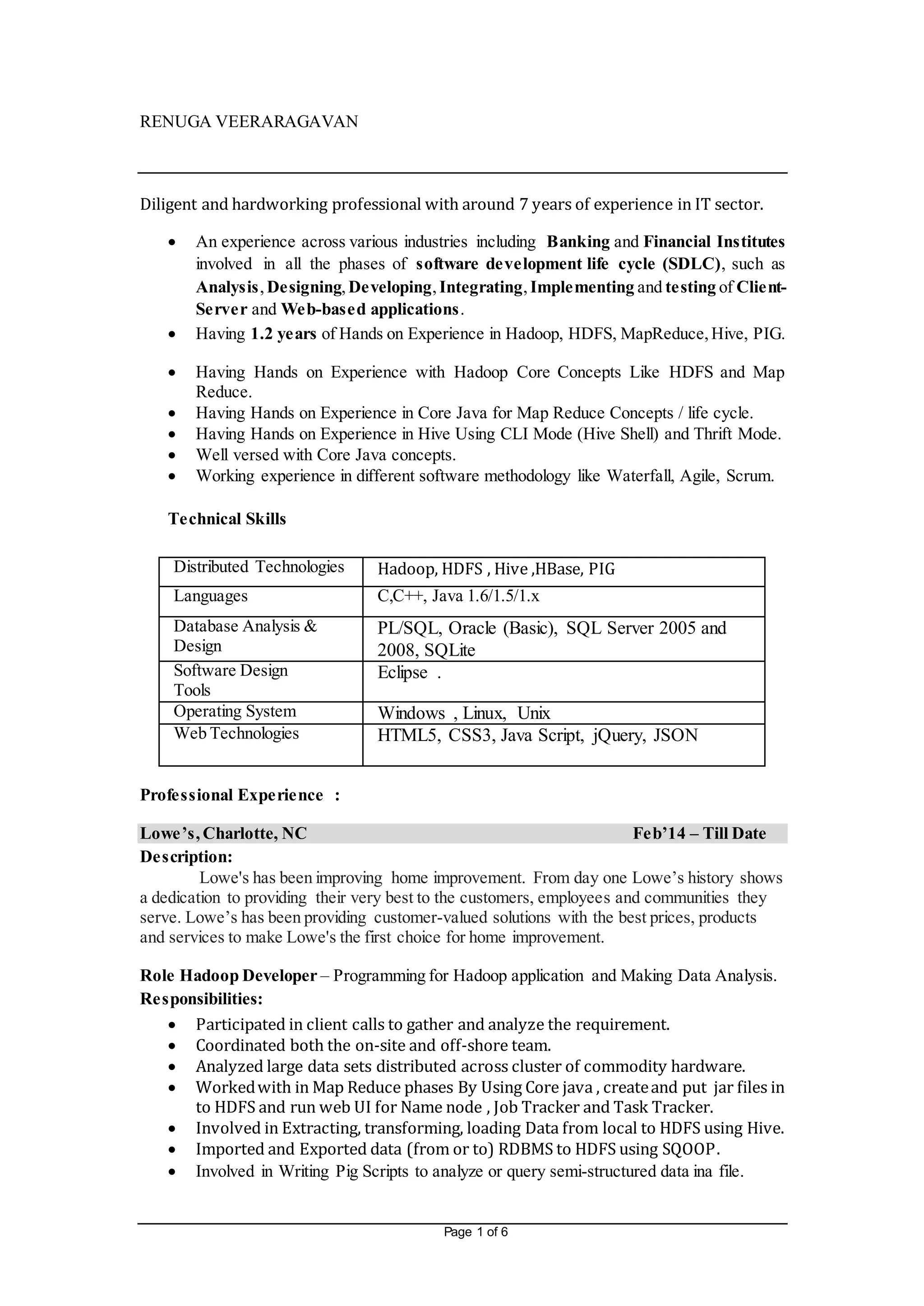RENUGA VEERARAGAVAN Resume HADOOP | DOCX | Computing | Technology ...