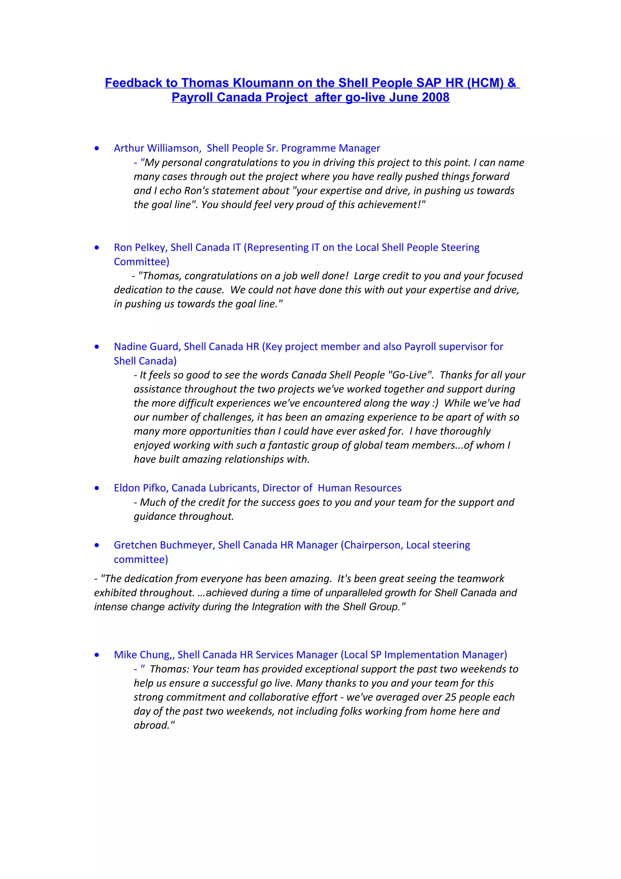 Shell Canada HCM and Payroll Canada Go-Live Feedback | DOC