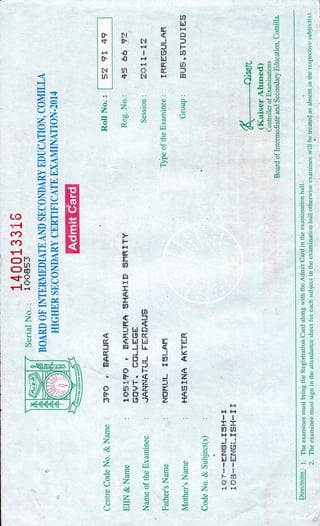 HSC Admit Card | PDF