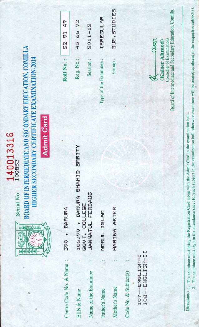 HSC Admit Card | PDF