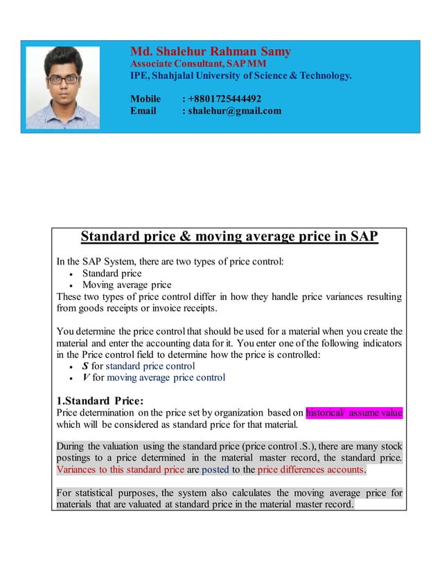Standard price & moving average price in SAP | DOCX