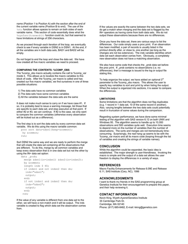 Comparing 2 Sas Datasets Alternative Approach Pdf