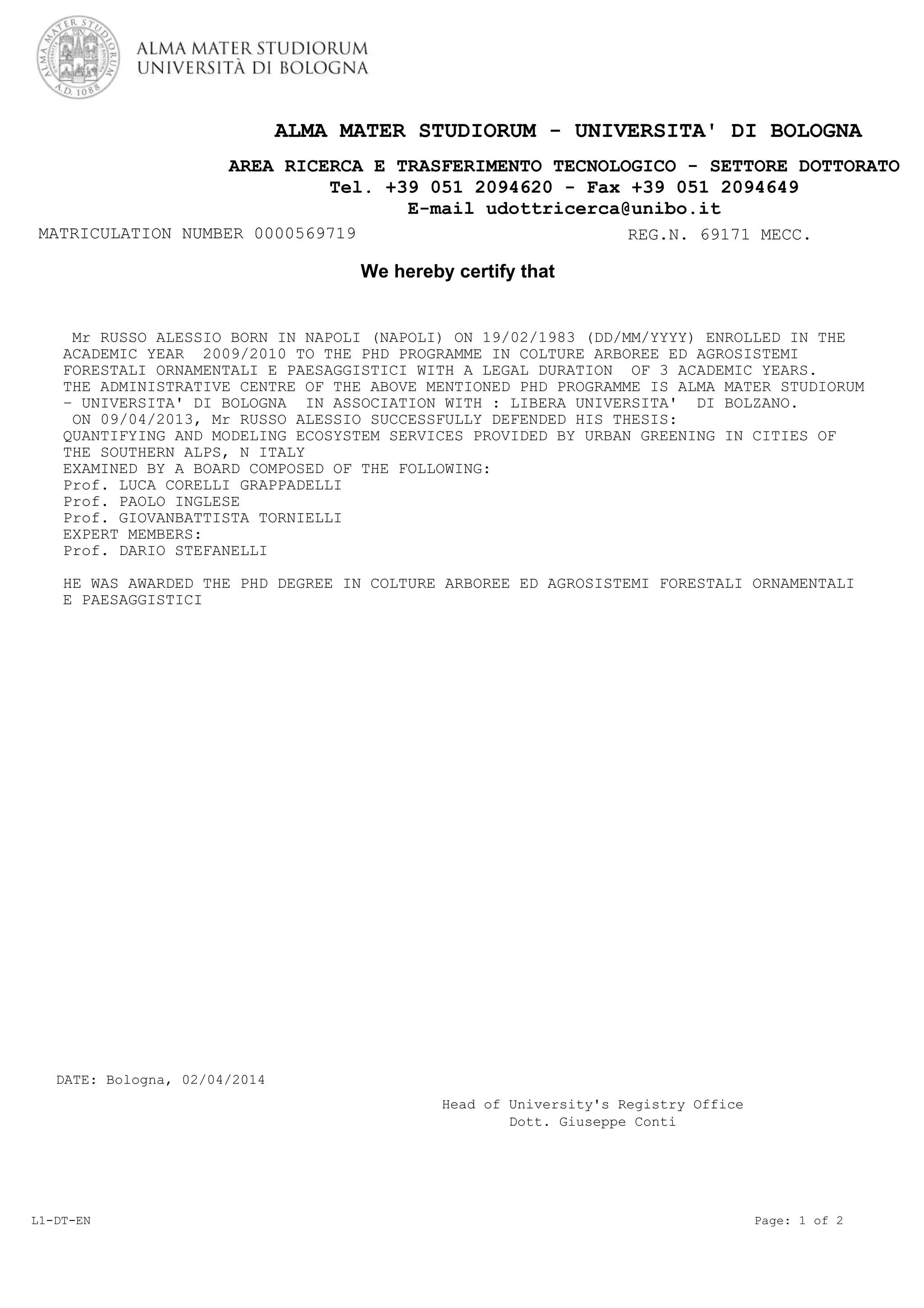 PhD certificate University of Bologna | PDF