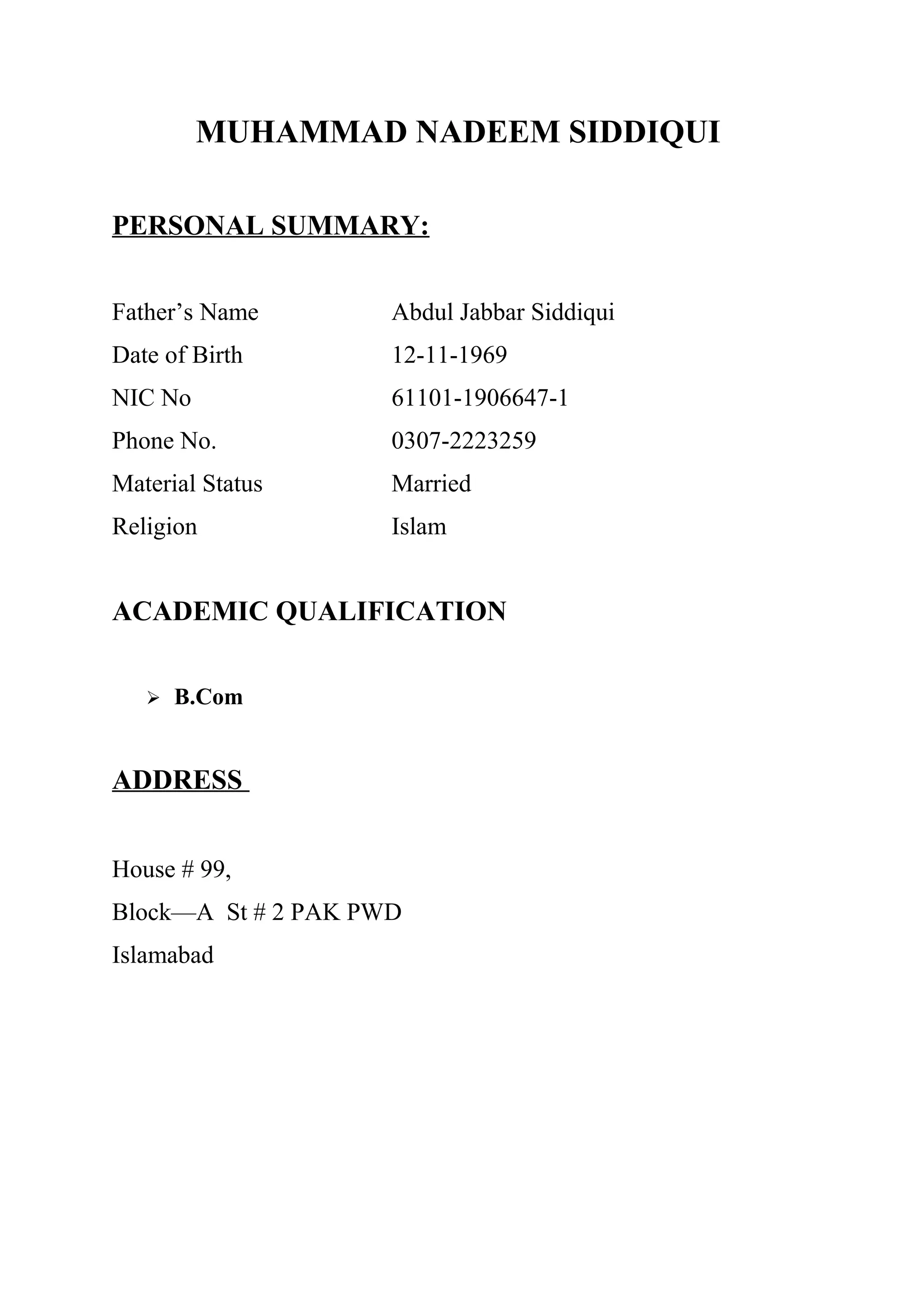 MUHAMMAD NADEEM SIDDIQUI-CV | DOC