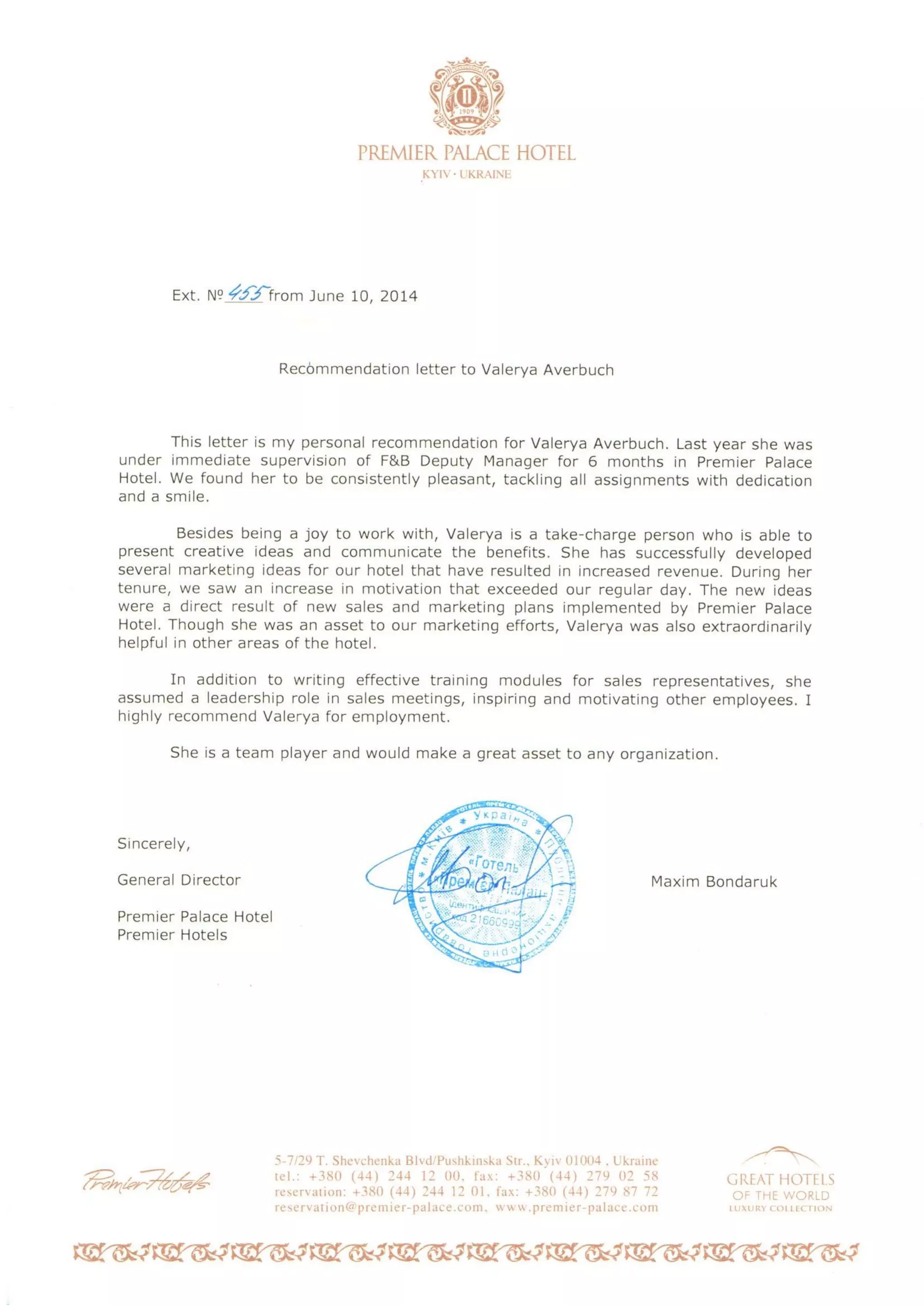 Valerya Averbuch reference letter Premier Palace | PDF