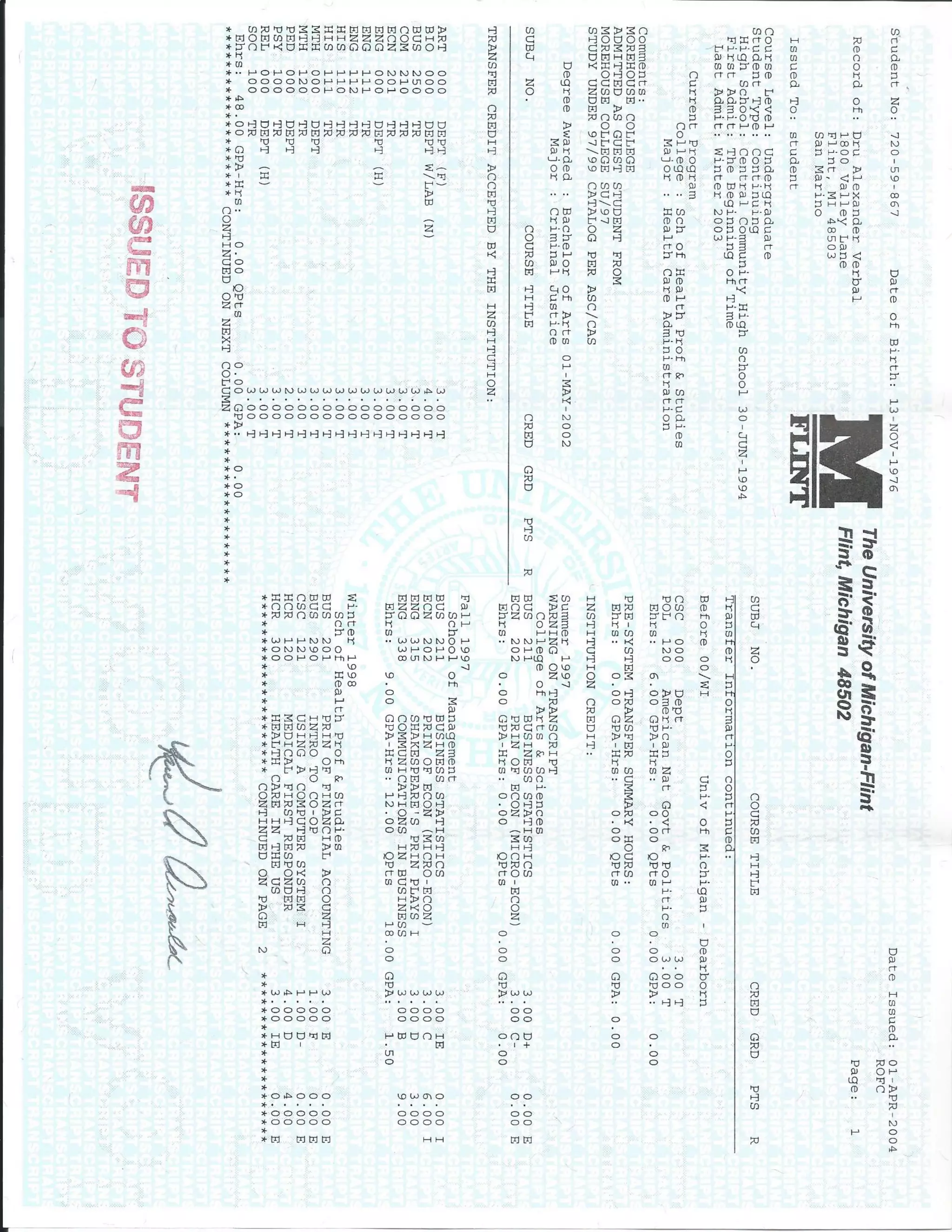 Dru A Verbal University of Michigan-Flint Transcripts 2002 | PDF