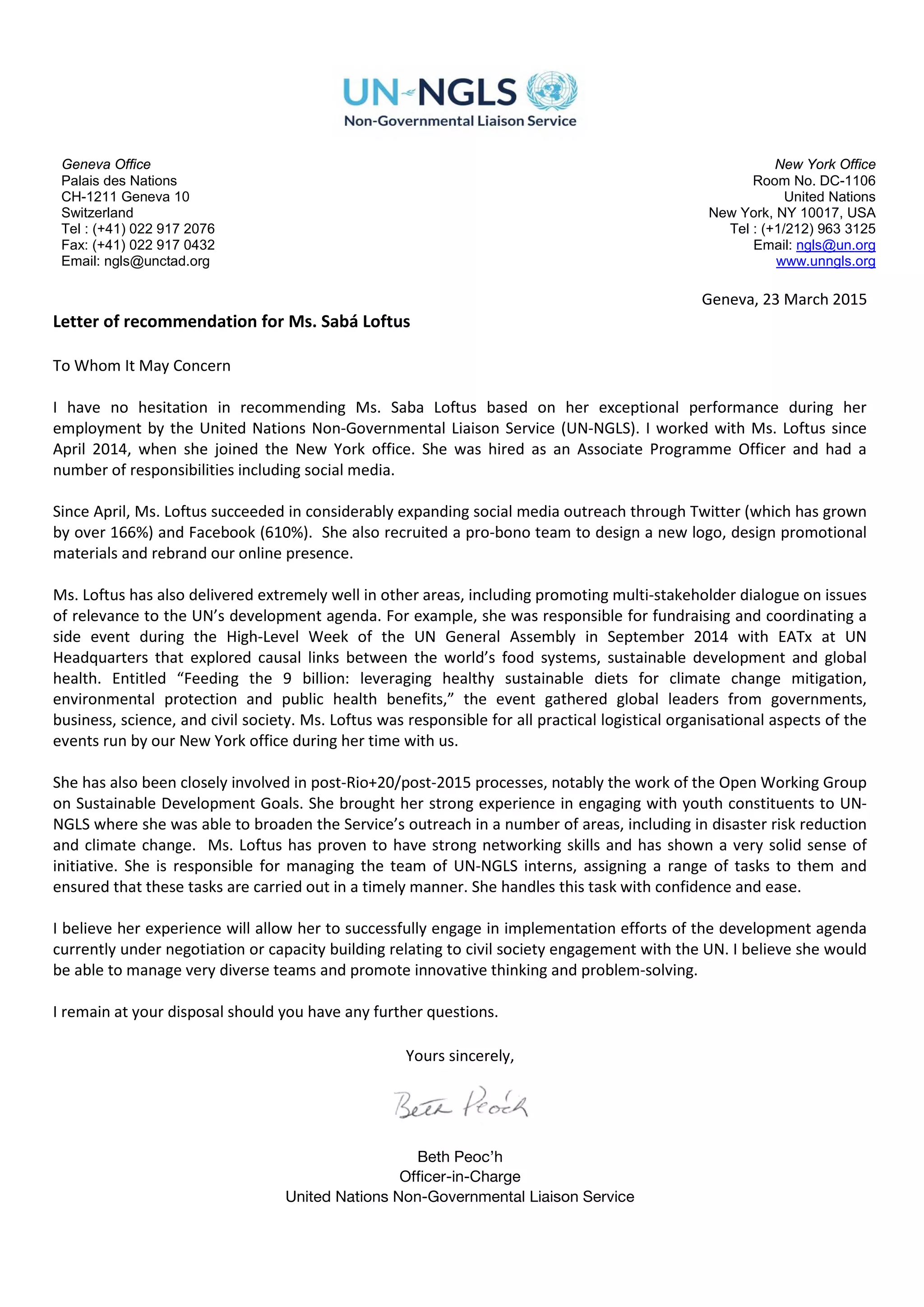 S_Loftus Letter of Recommendation_UN NGLS | PDF