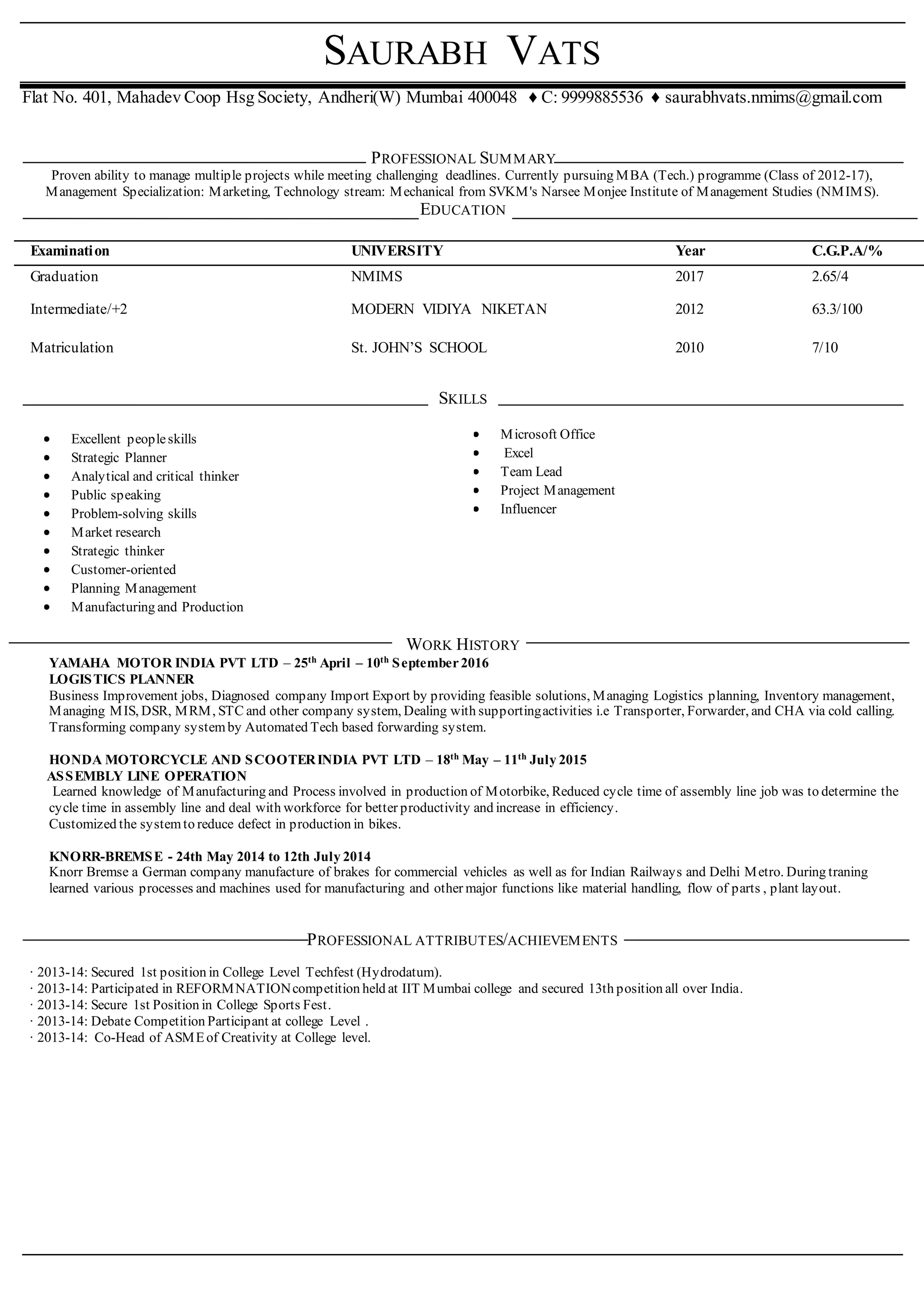 JOB RESUME SAURABH VATS | DOCX | Business | Business and Finance