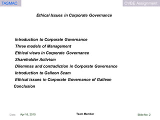 Ethical Issues in Corporate Governance PPT | PDF