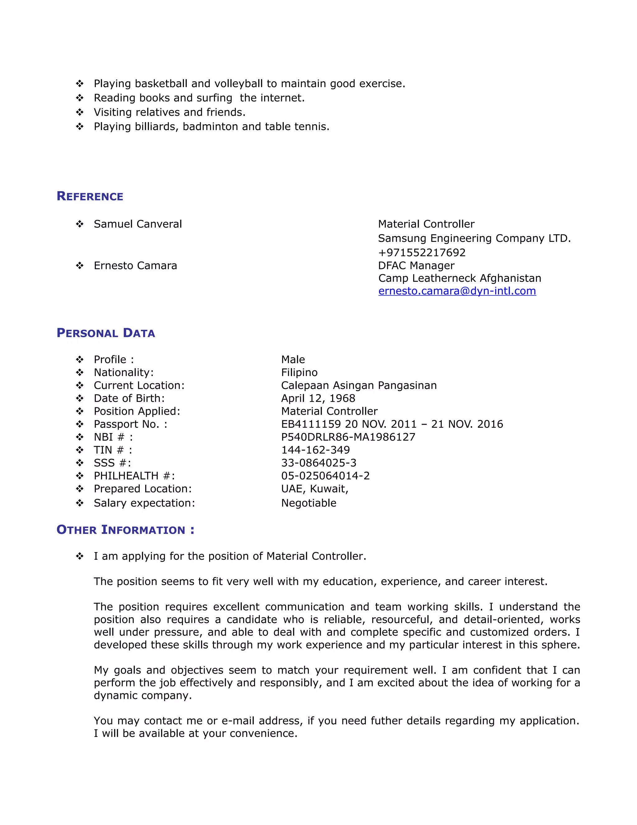 Rey Punla CV Material Controller June | DOC