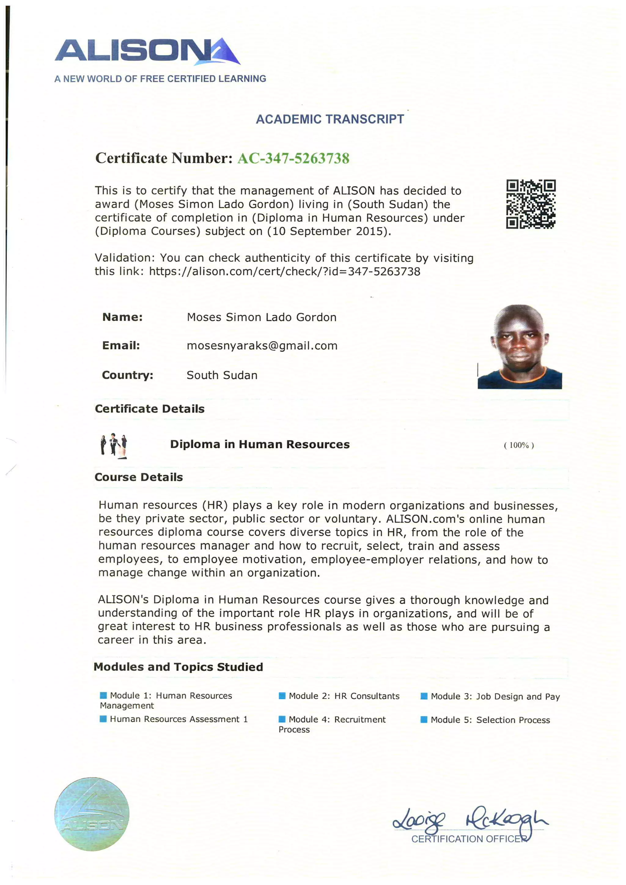 ACADEMIC TRANSCRIPT DIPLOMA IN HUMAN RESOURCES 1 | PDF | Careers