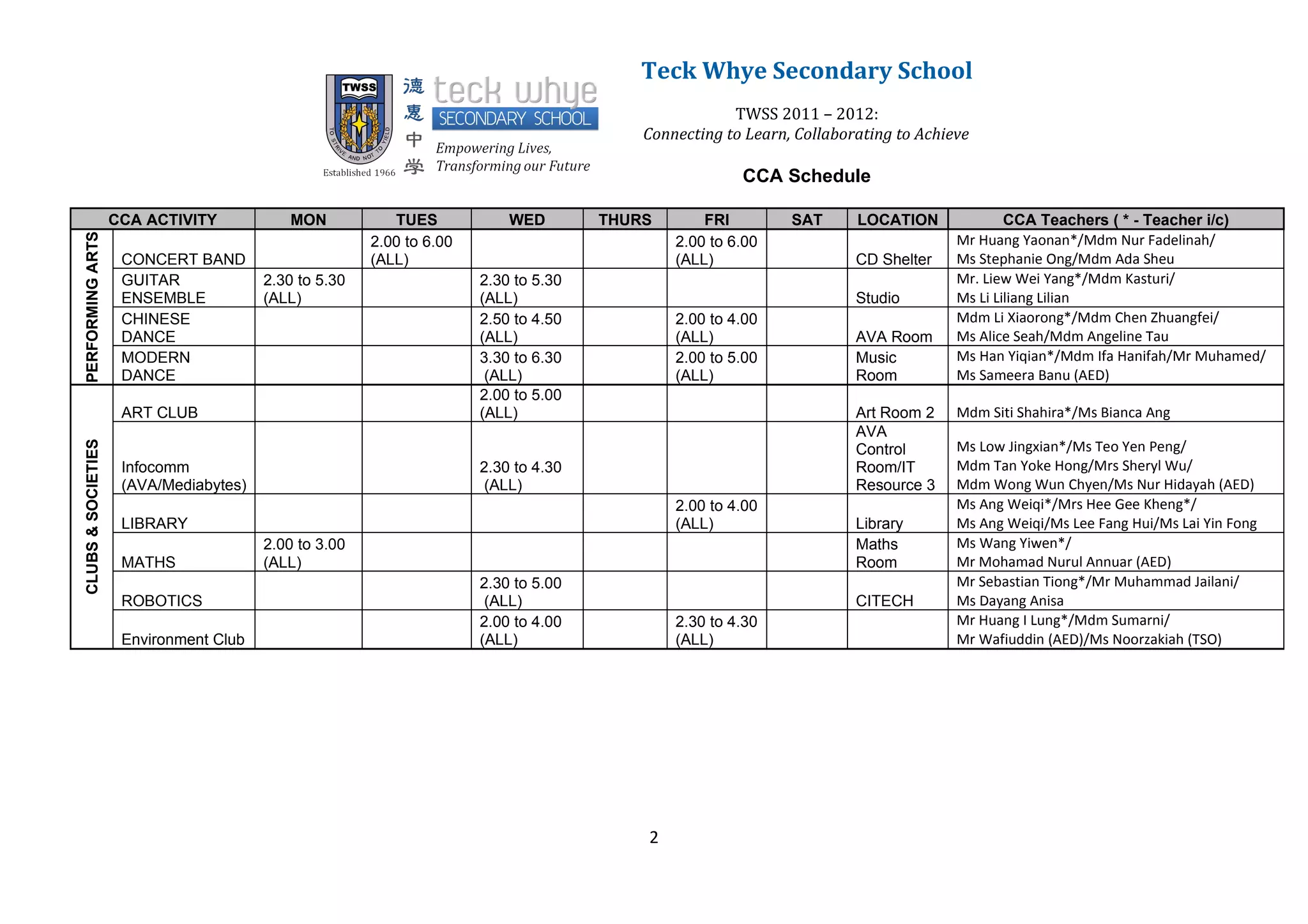 CCA Schedule 2012 | DOC | Music | Entertainment