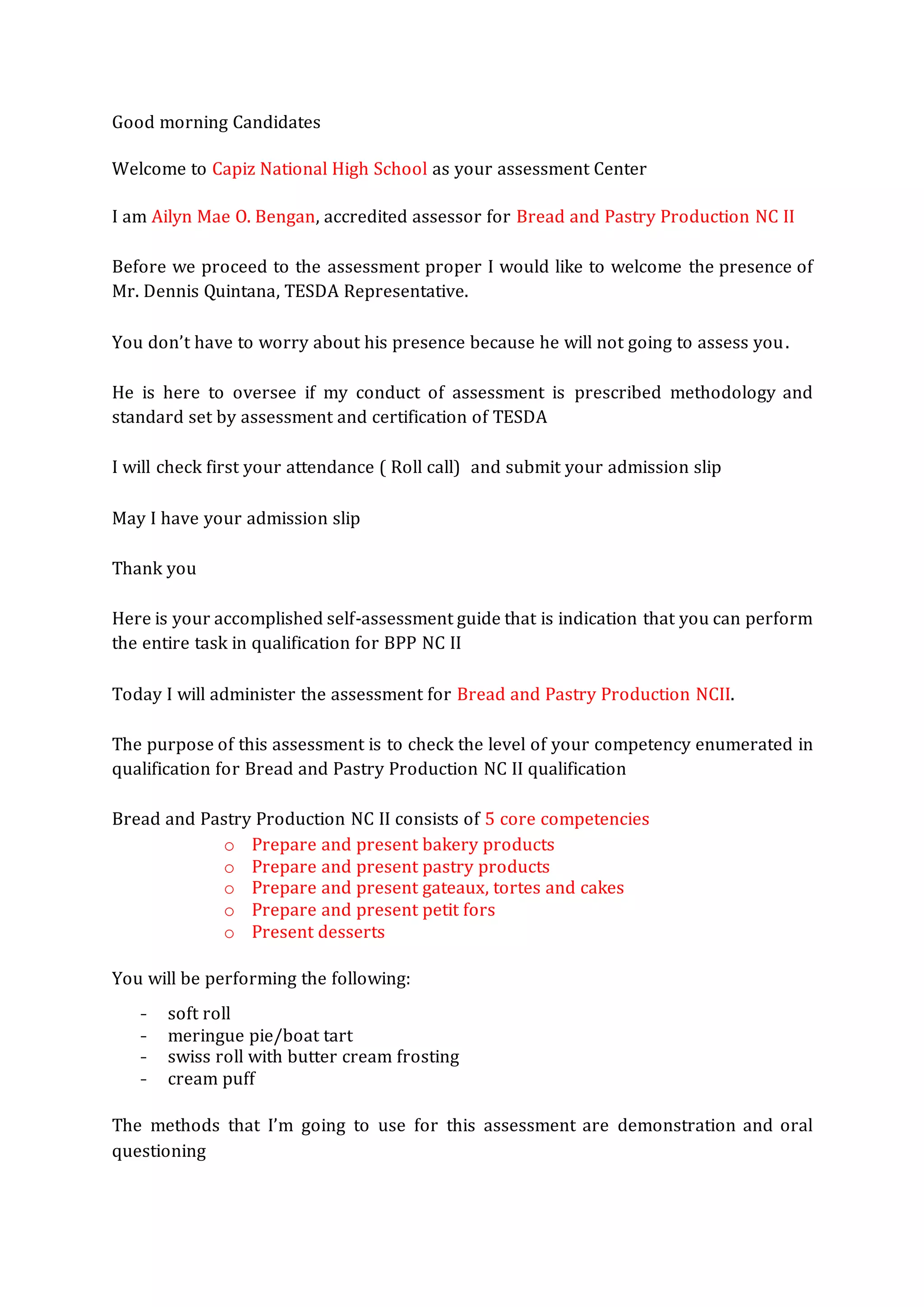 Conduct of Competency Assessment - Script | DOCX