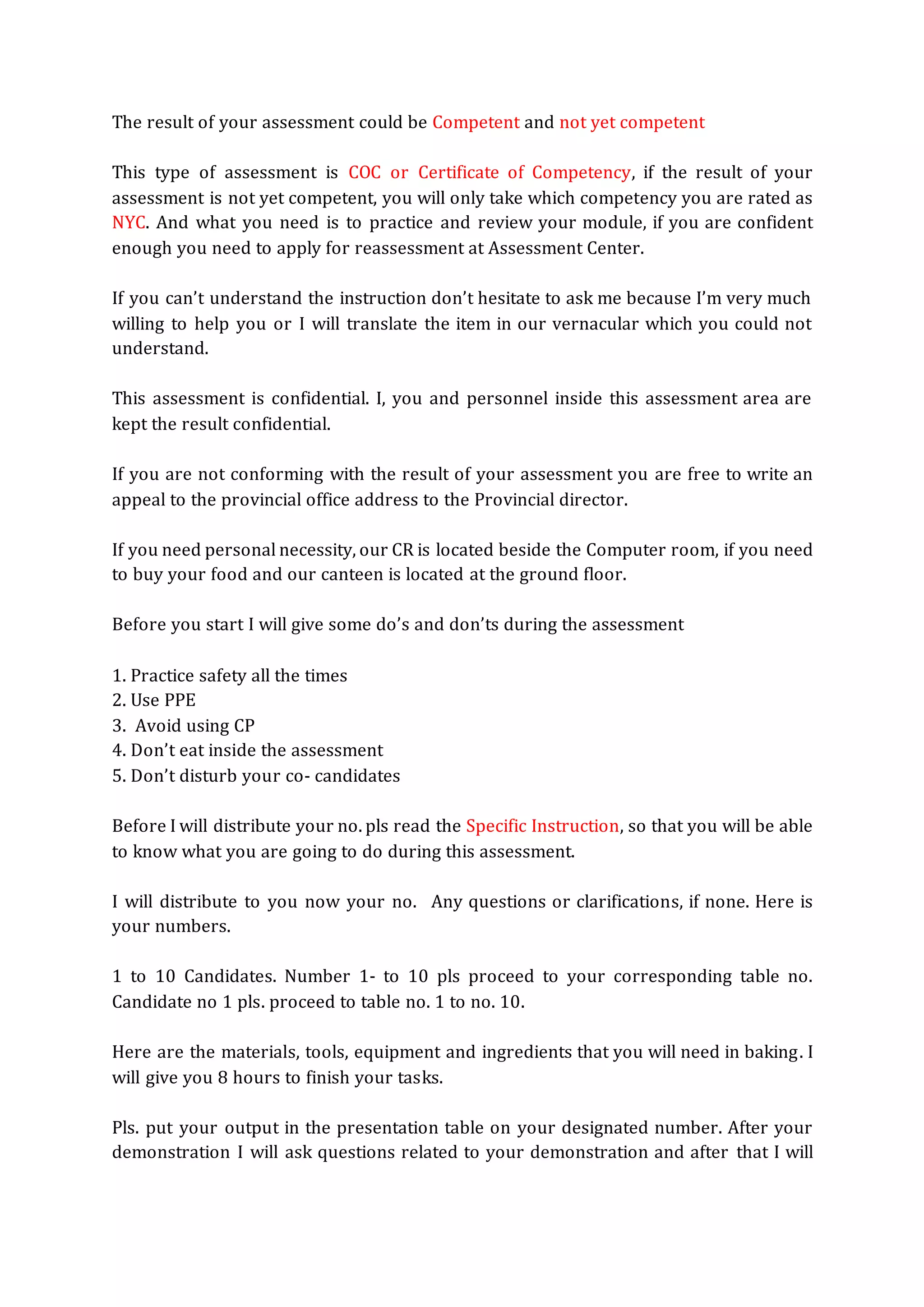 Conduct of Competency Assessment - Script | DOCX