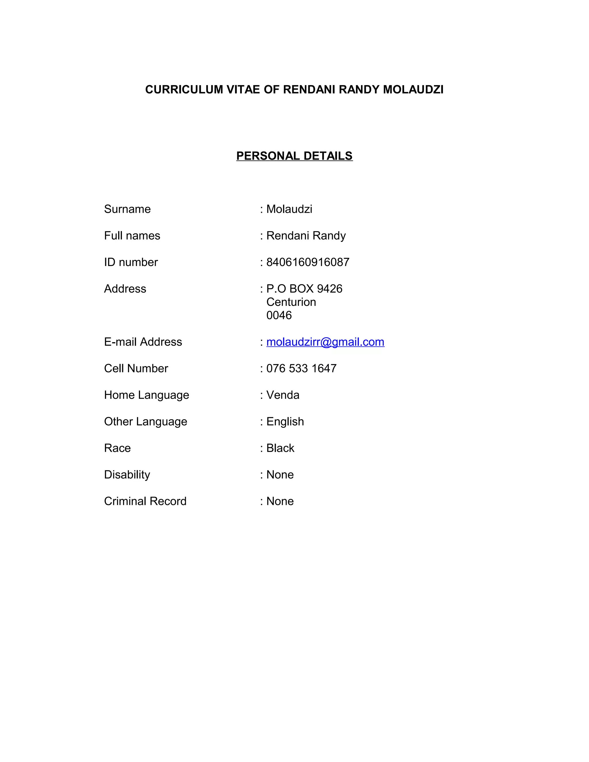 CURRICULUM VITAE OF RENDANI R MOLAUDZI | DOC