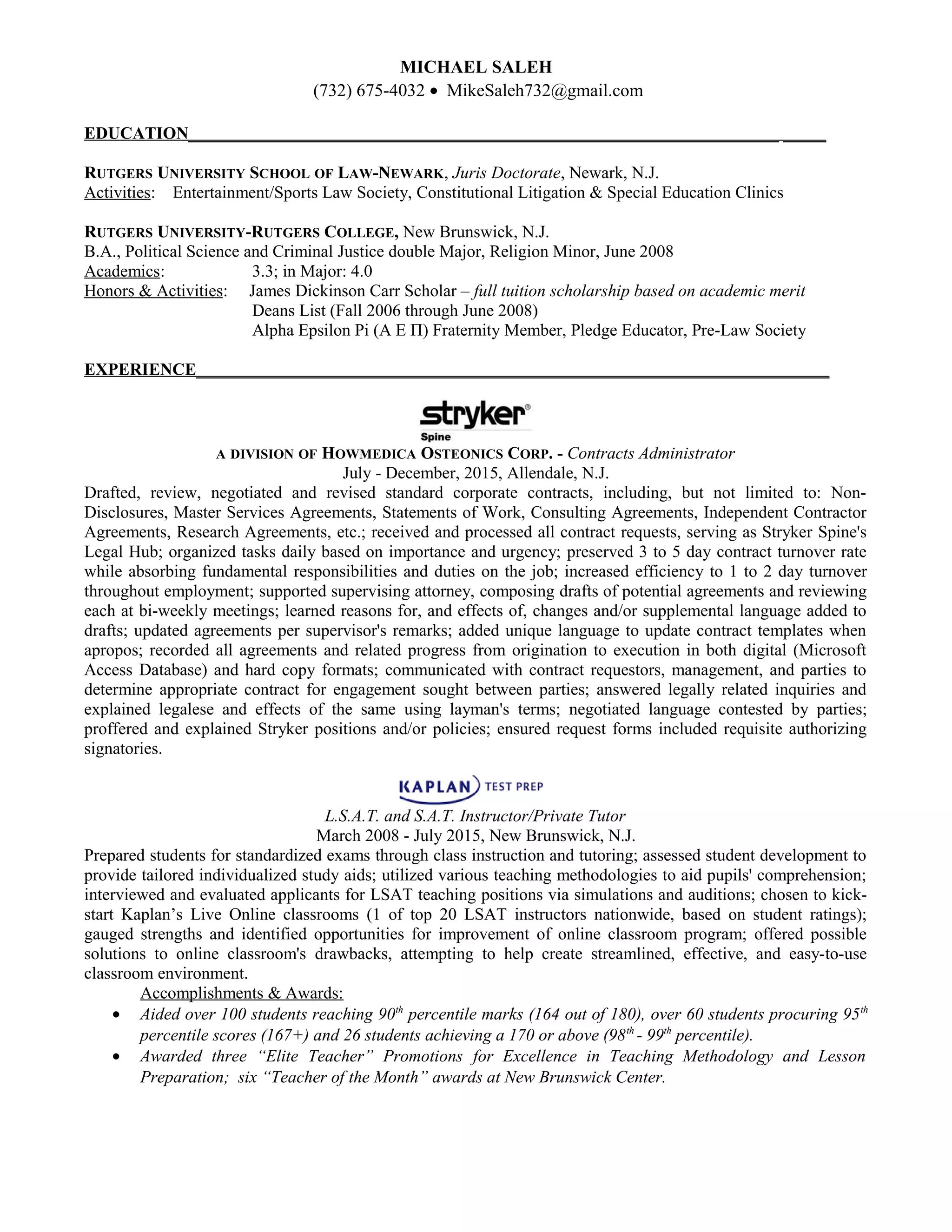 Michael Saleh, J.D. - Resume May 2016 - Legal | DOC