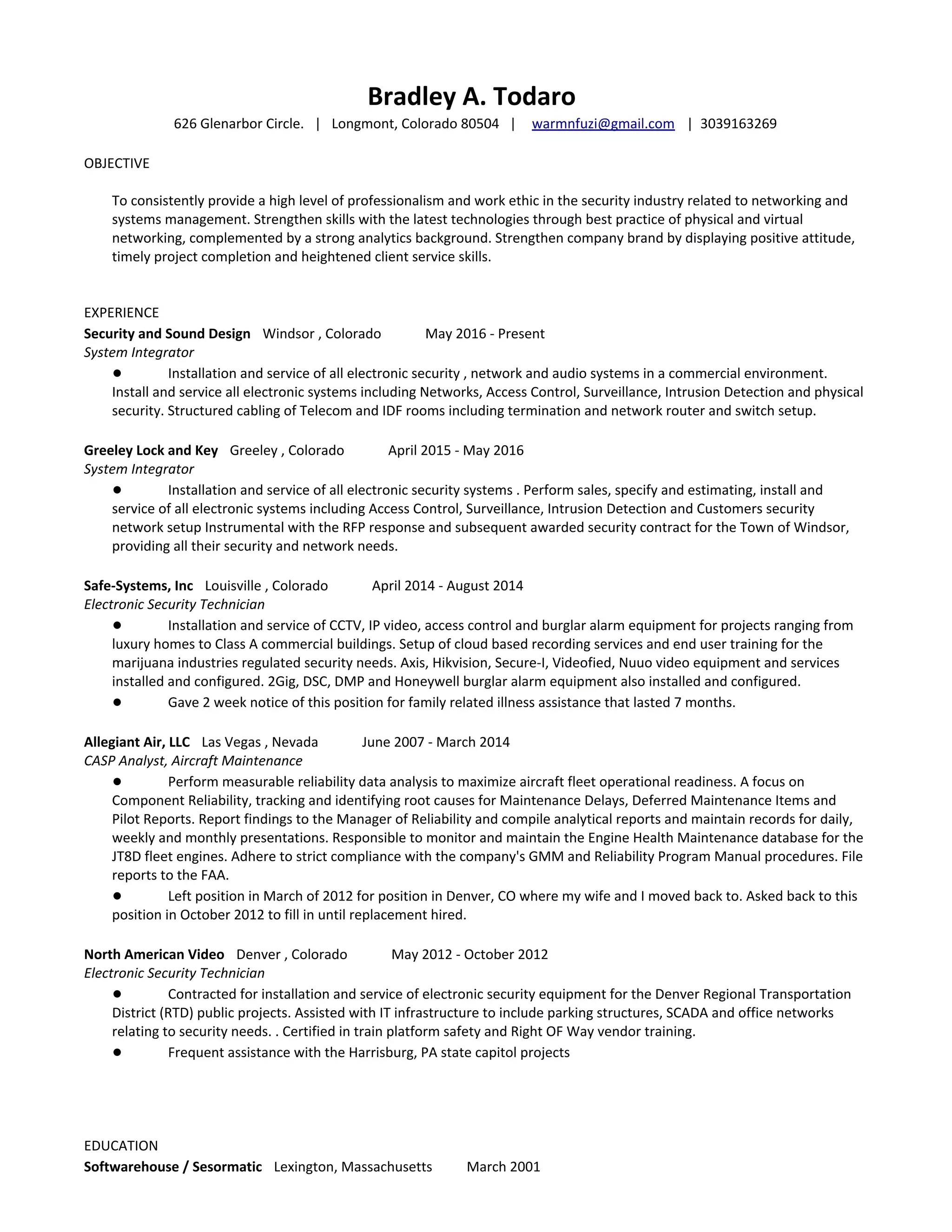 Brad Todaro resume August 2016 | PDF