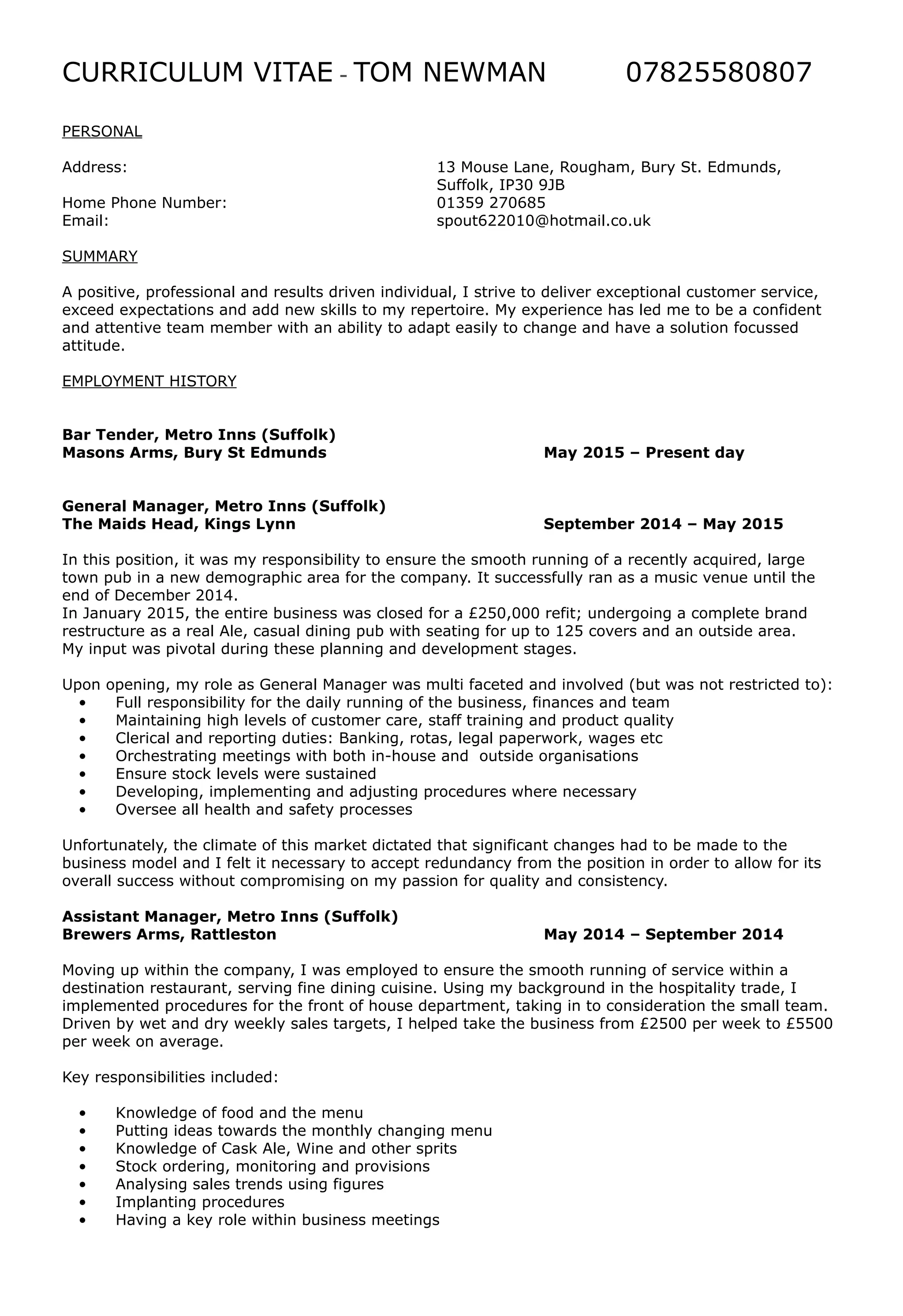 Tom Newman's CV 2015 | PDF | Sales | Business
