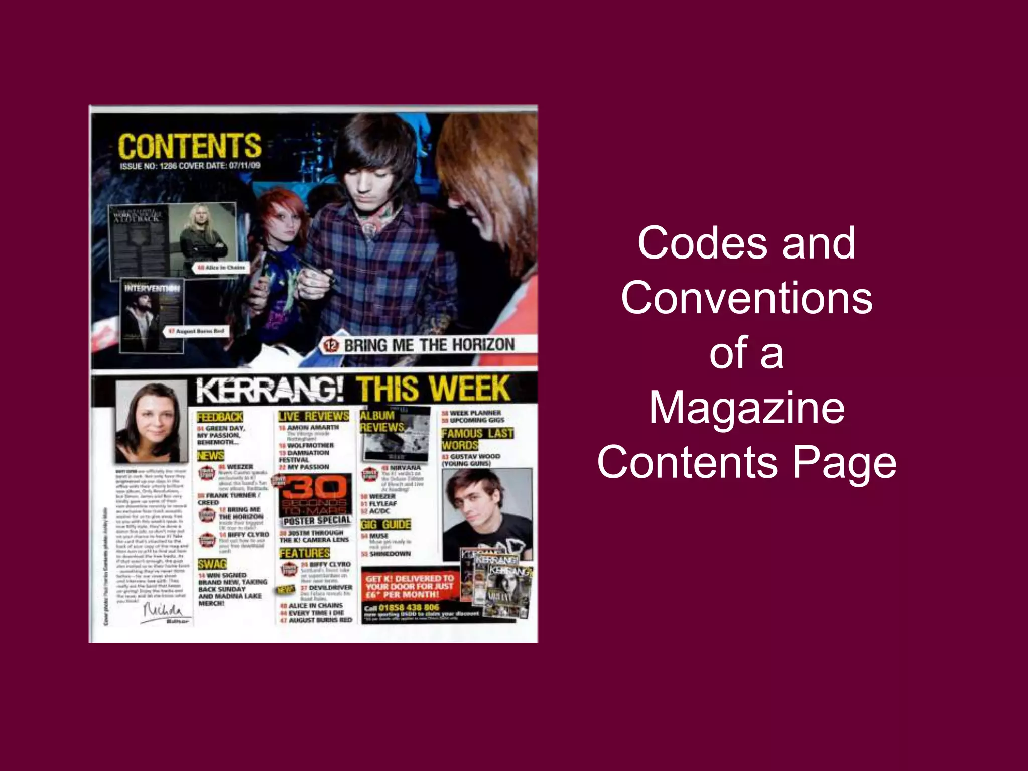 Codes and Conventions of a Magazine Contents Page | PPT