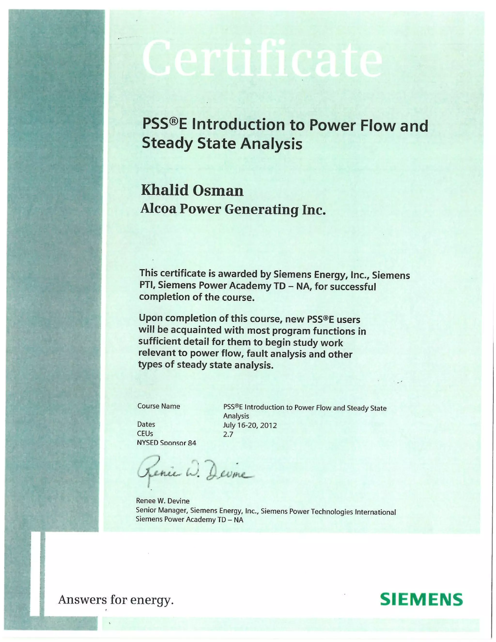 PSSE Siemens Certificate | PDF